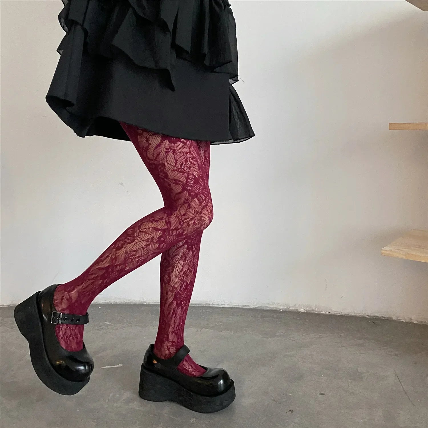 Burgundy Floral Lace Patterned Tights For Women on Luulla