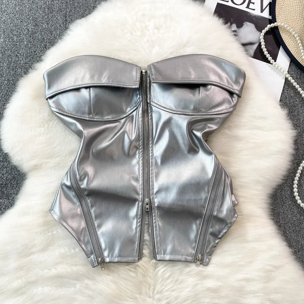 Silver Metallic Strapless Zippered Bustier Corset Top on Luulla
