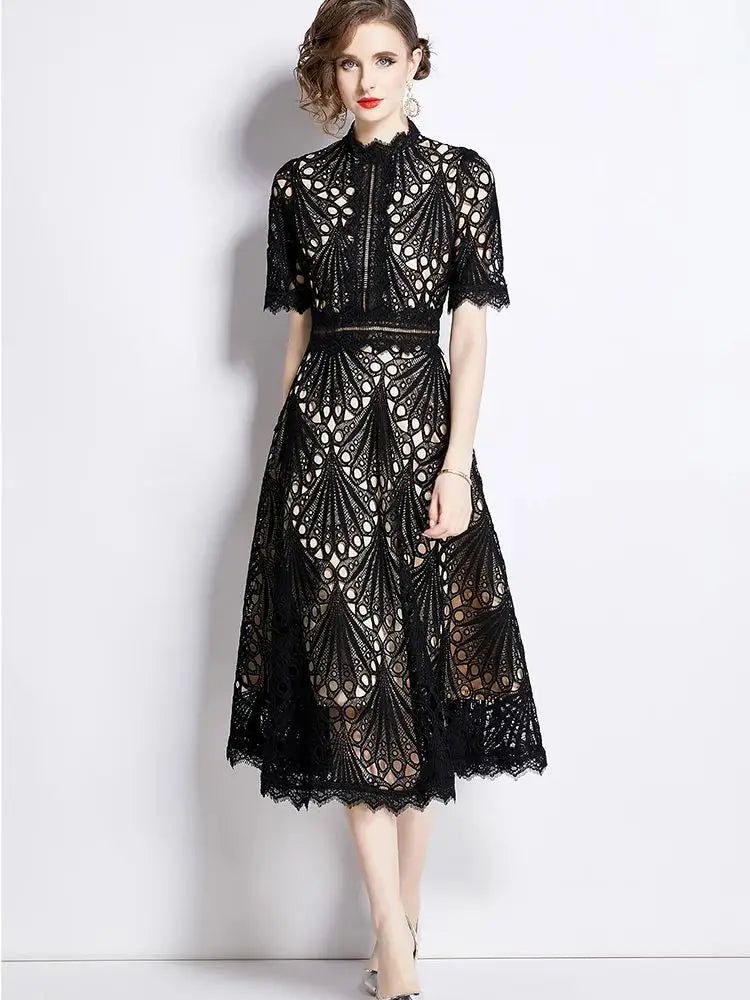 Elegant Black Lace High-neck Midi Dress on Luulla