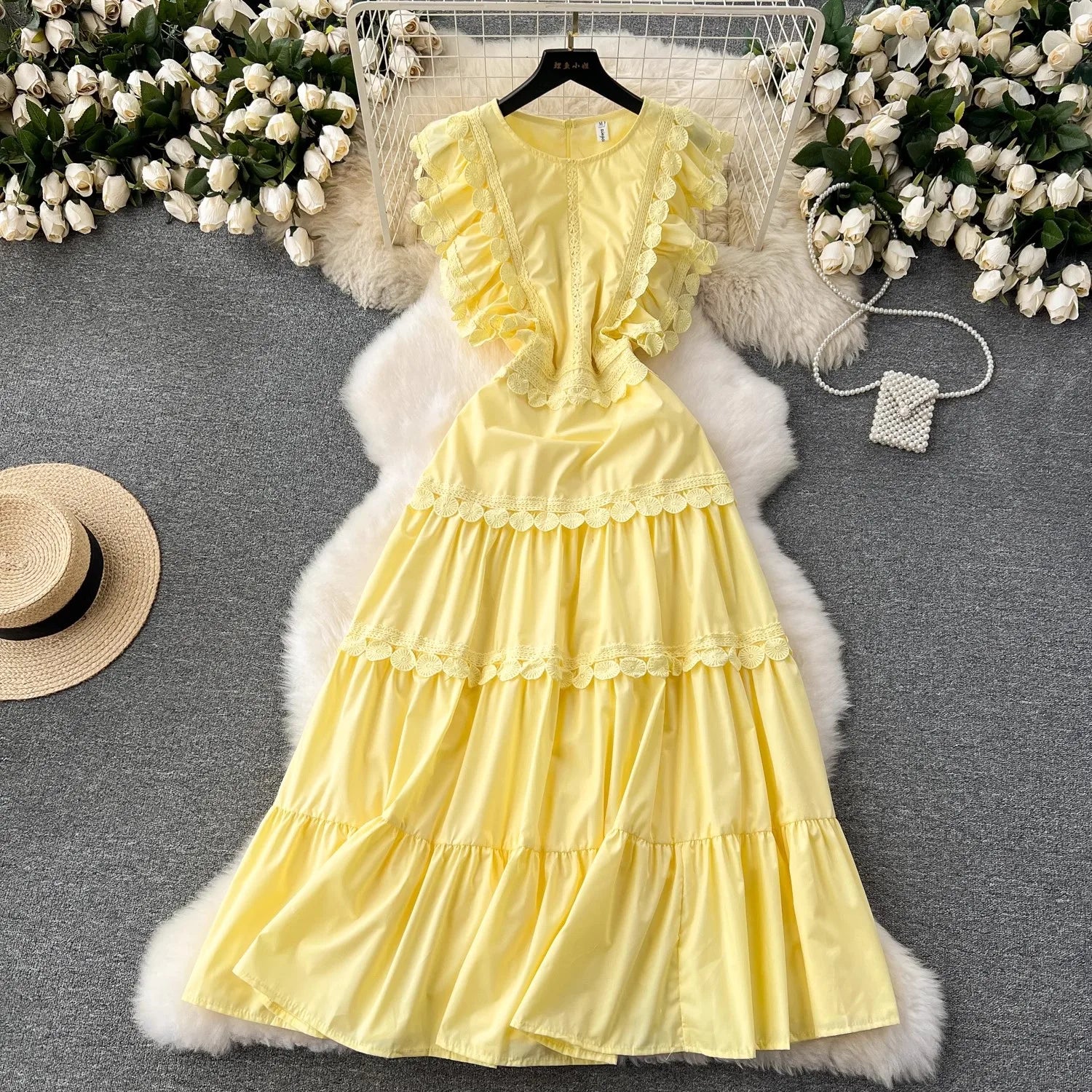 Yellow Ruffled Maxi Dress With Lace Trim on Luulla