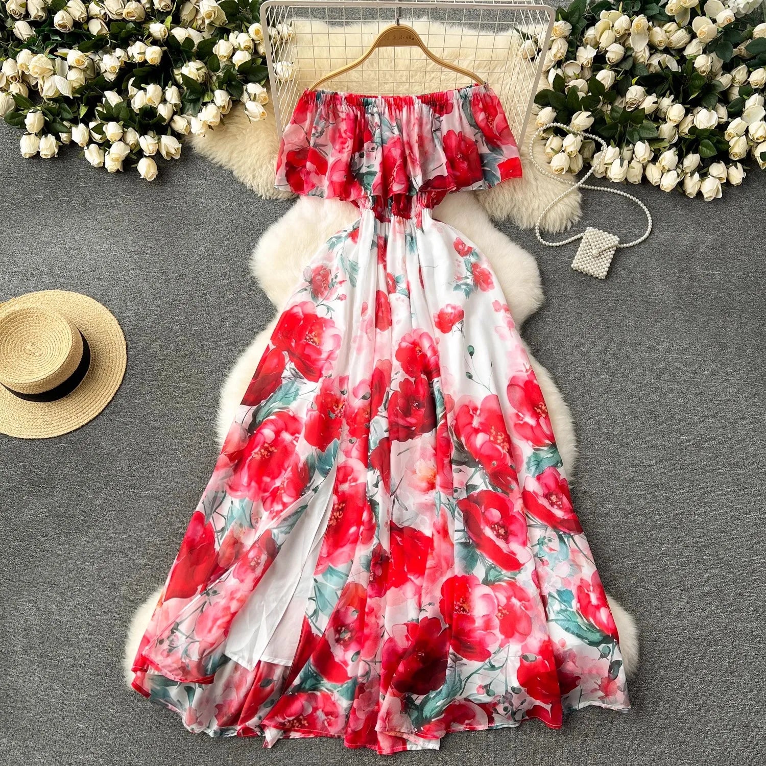 Floral Off-shoulder Chiffon Maxi Dress Summer on Luulla