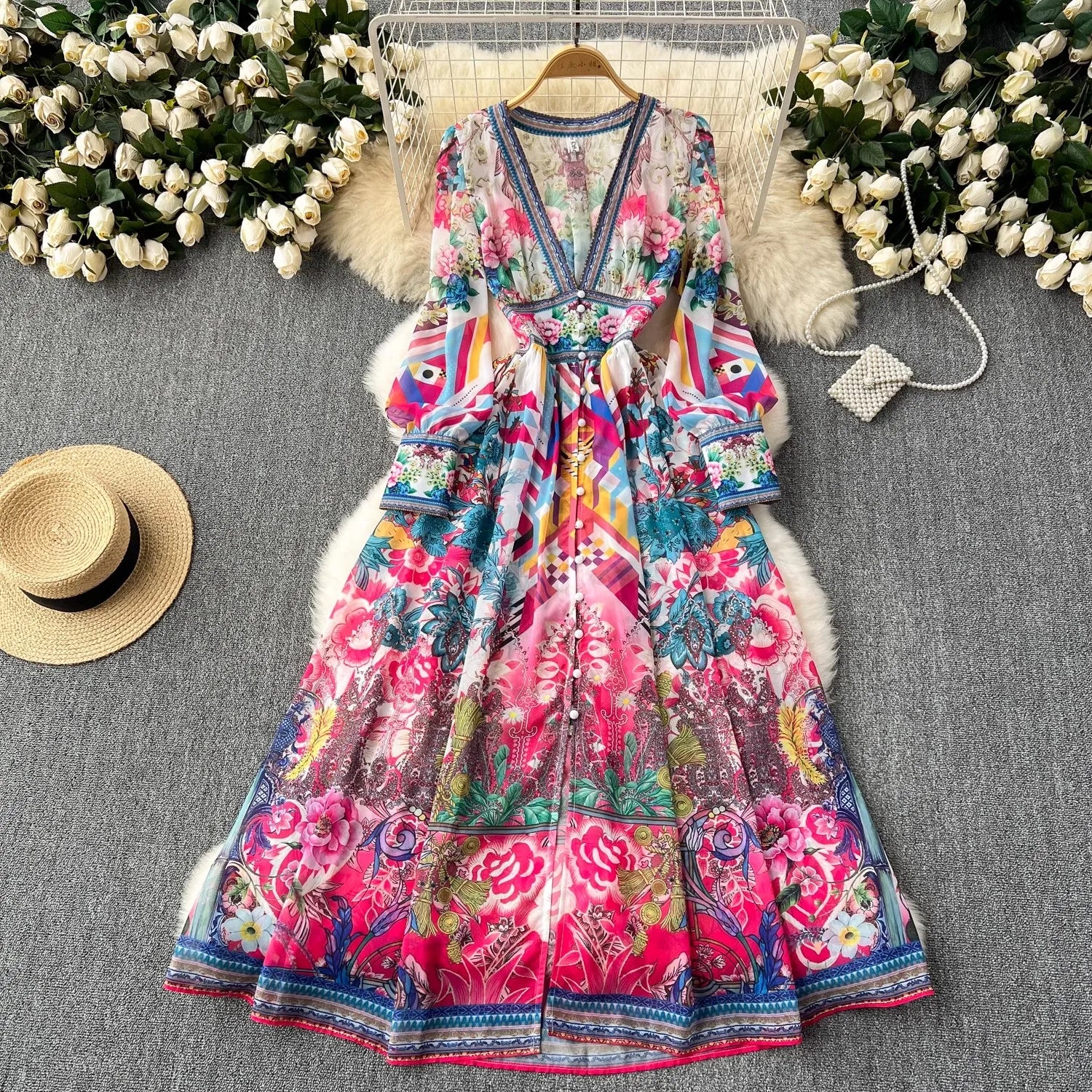 Floral Bohemian Long-sleeve Maxi Dress For Women on Luulla