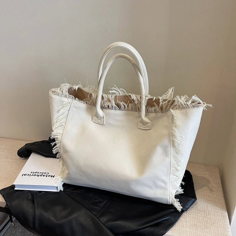 Frayed Edge Large Canvas Tote Bag Beige on Luulla