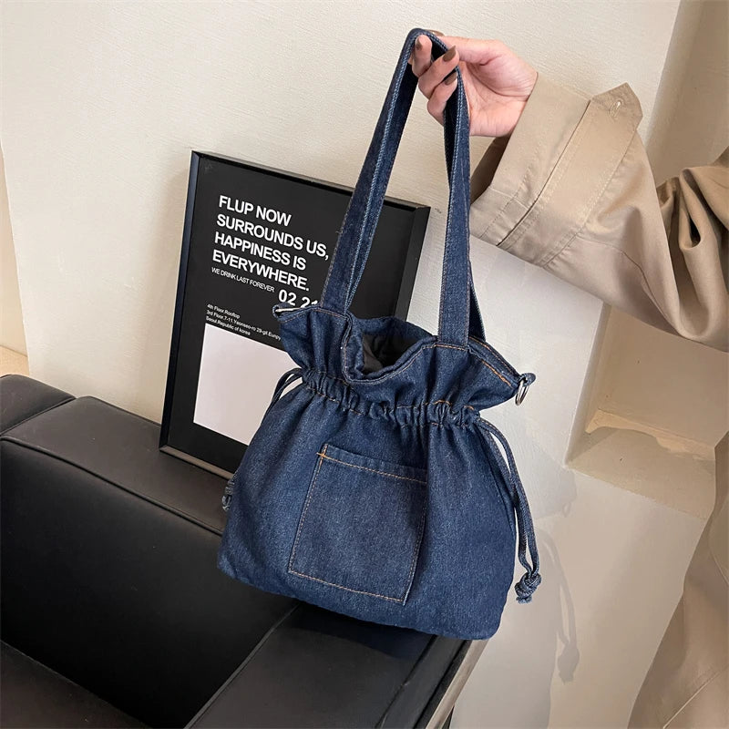 Denim Drawstring Shoulder Tote With Front Pocket on Luulla