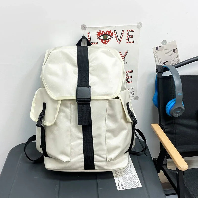 Stylish White Canvas Backpack With Black Straps on Luulla