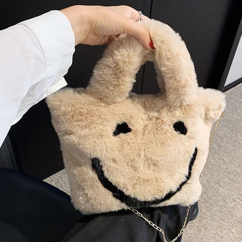 Fuzzy Smiley Face Plush Handbag With Chain on Luulla