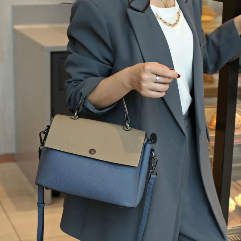 Elegant Two-tone Leather Handbag With Adjustable Strap on Luulla