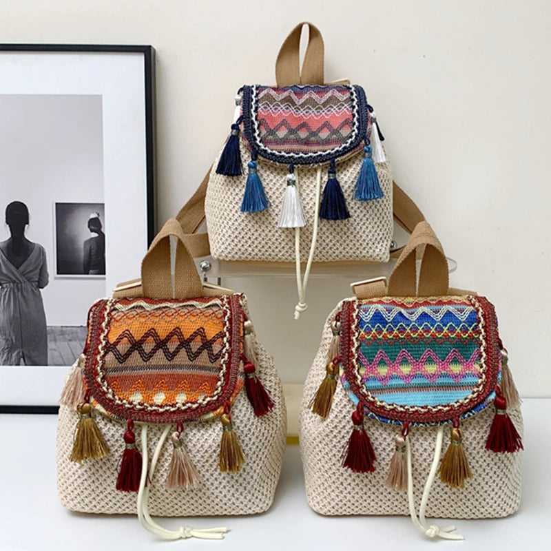 Bohemian Tassel Woven Backpack With Colorful Patterns on Luulla