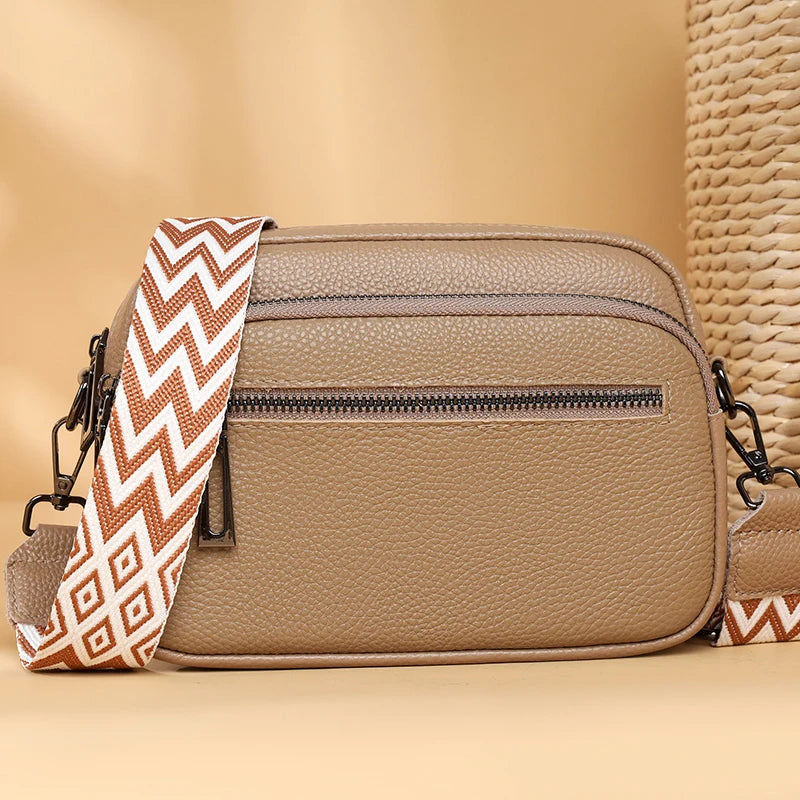 Stylish Beige Crossbody Bag With Patterned Strap on Luulla