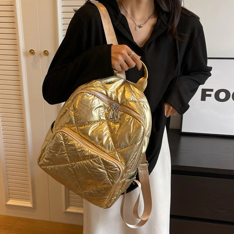 Metallic Gold Quilted Fashion Backpack With Straps on Luulla