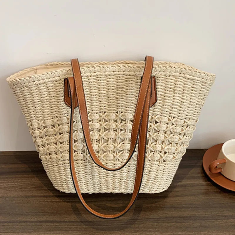 Elegant Summer Woven Straw Tote With Leather Straps on Luulla