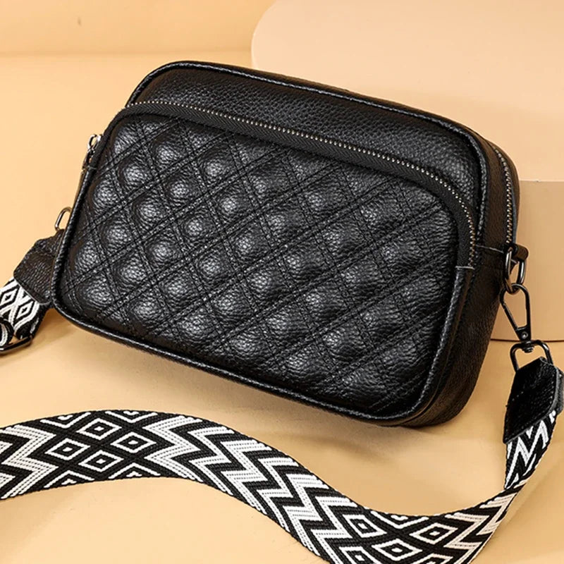 Quilted Black Leather Crossbody Bag With Strap on Luulla