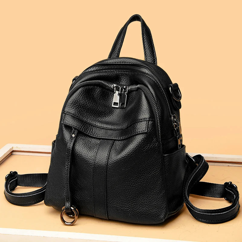 Stylish Black Leather Backpack With Multiple Zippers on Luulla