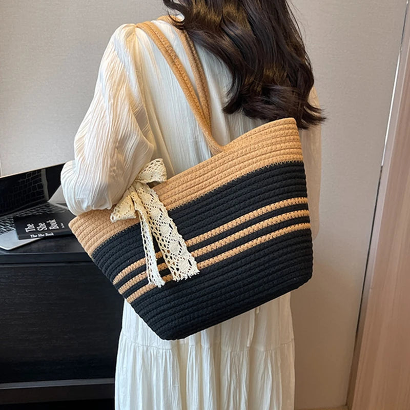 Stylish Woven Straw Tote Bag With Ribbon on Luulla