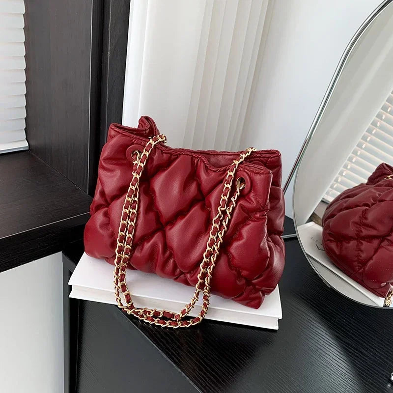 Red Quilted Leather Handbag With Gold Chain on Luulla
