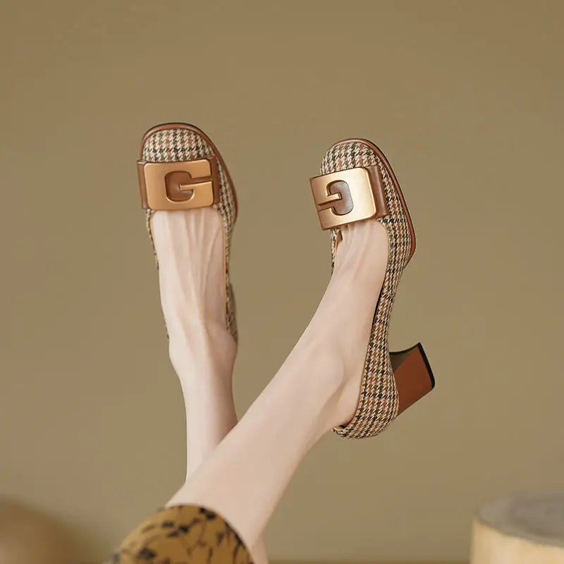 Elegant Plaid Buckle Block Heel Womens Shoes on Luulla