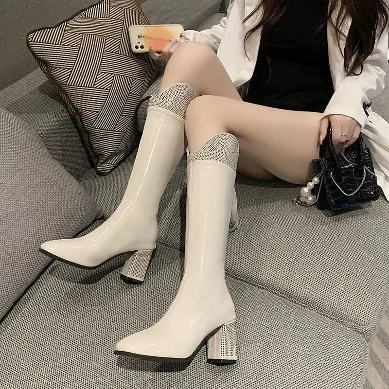 Stylish White Knee-high Boots With Sparkling Heels on Luulla