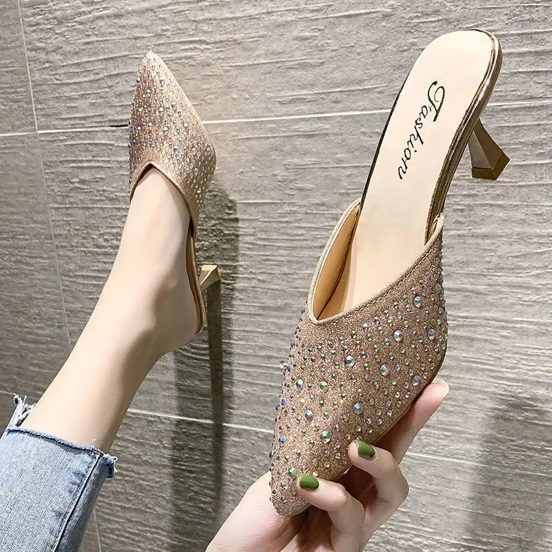 Elegant Rhinestone Embellished Closed-toe Mule Heels on Luulla