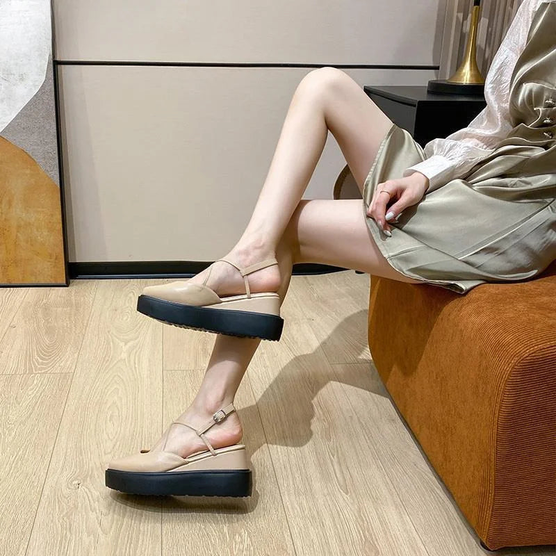 Womens Beige Platform Sandal With Ankle Strap on Luulla