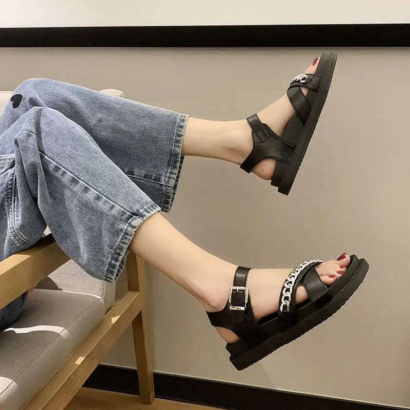 Womens Black Leather Chain Strap Sandals on Luulla