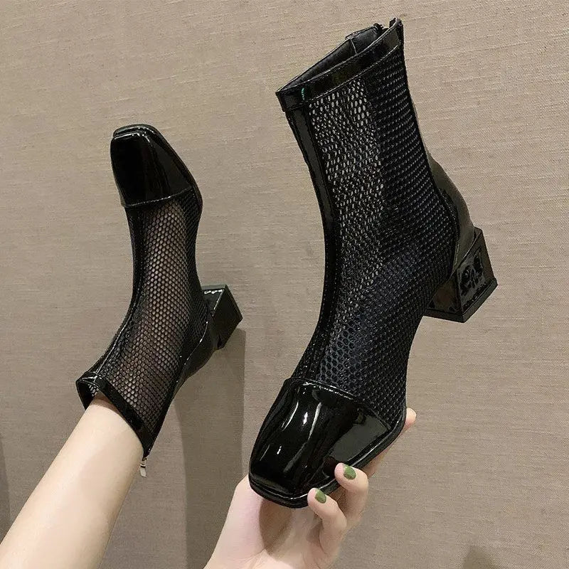 Mesh Ankle Booties With Block Heel Design on Luulla