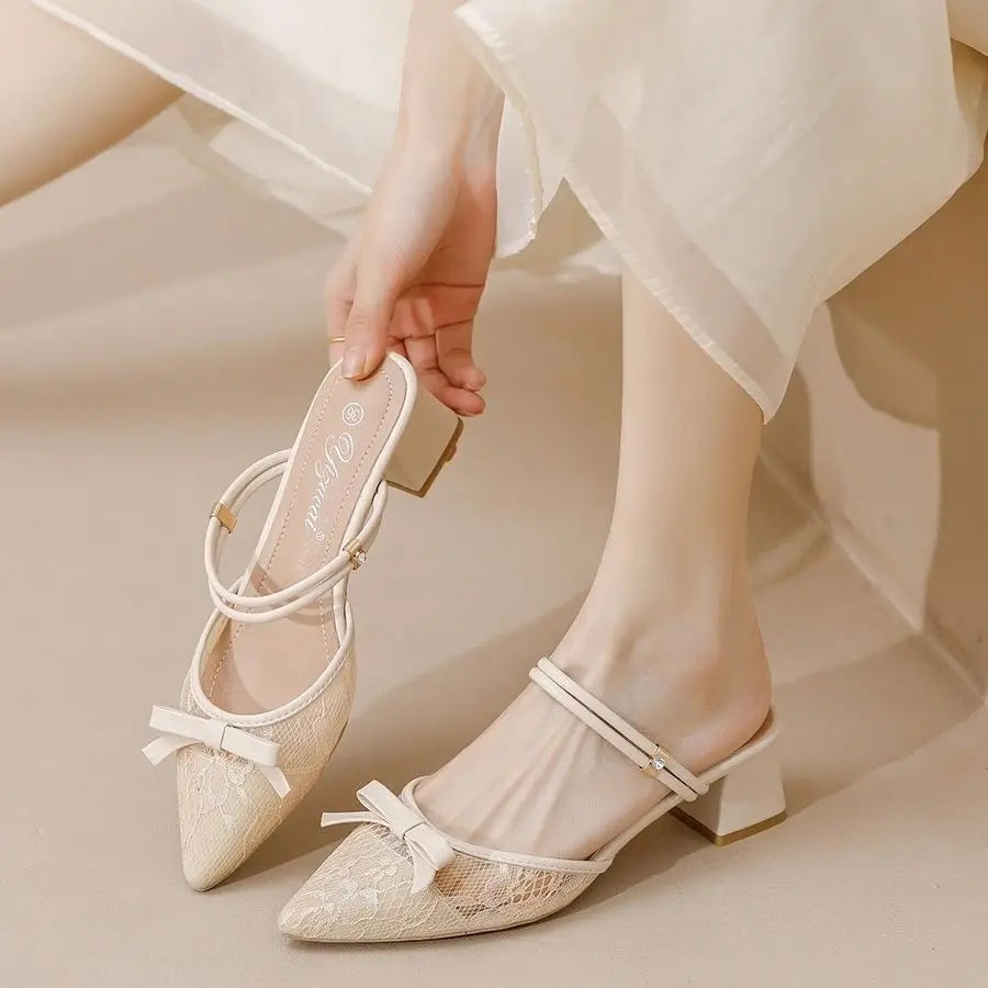 Womens Elegant Pointed-toe Lace Block Heels on Luulla