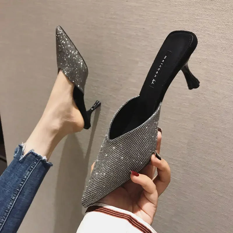 Womens Elegant Rhinestone Pointed Toe Mules Heels on Luulla