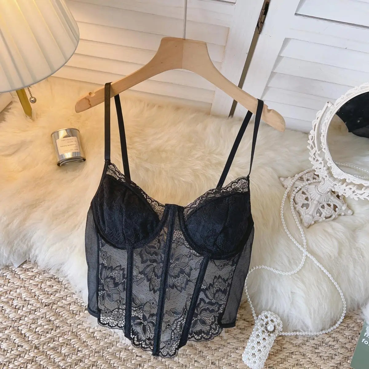 Elegant Black Lace Bustier Top With Straps E on Luulla
