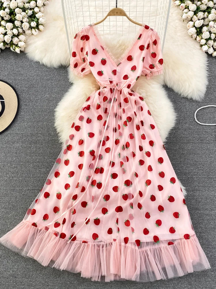 Pink Strawberry Chiffon Ruffled Maxi Dress on Luulla