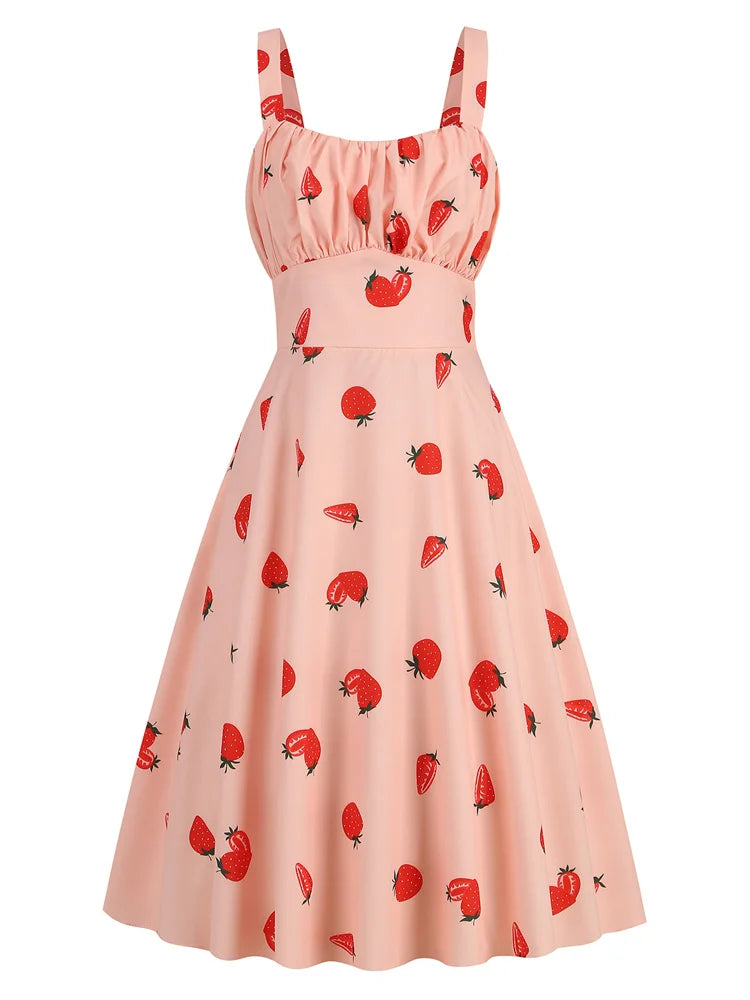 Vintage Strawberry Printed Summer Sundress For Women on Luulla