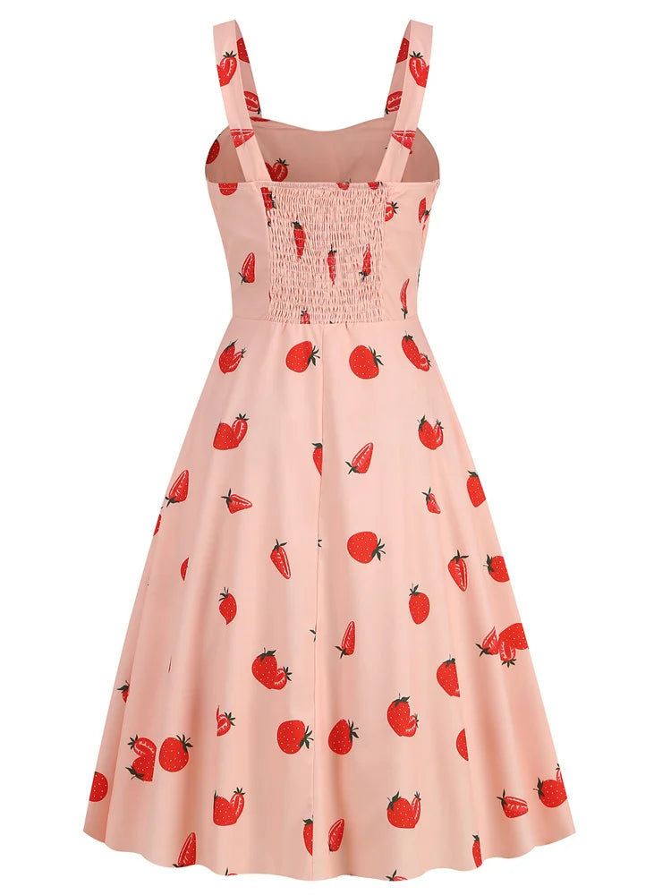 Vintage Strawberry Printed Summer Sundress For Women on Luulla