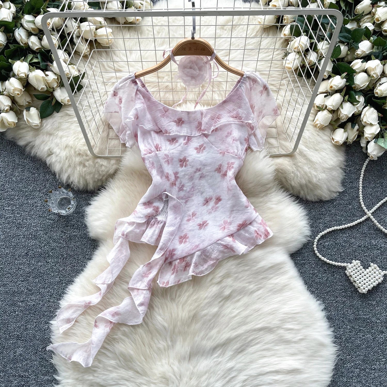 Floral Ruffled Chiffon Blouse With Flowing Sash on Luulla
