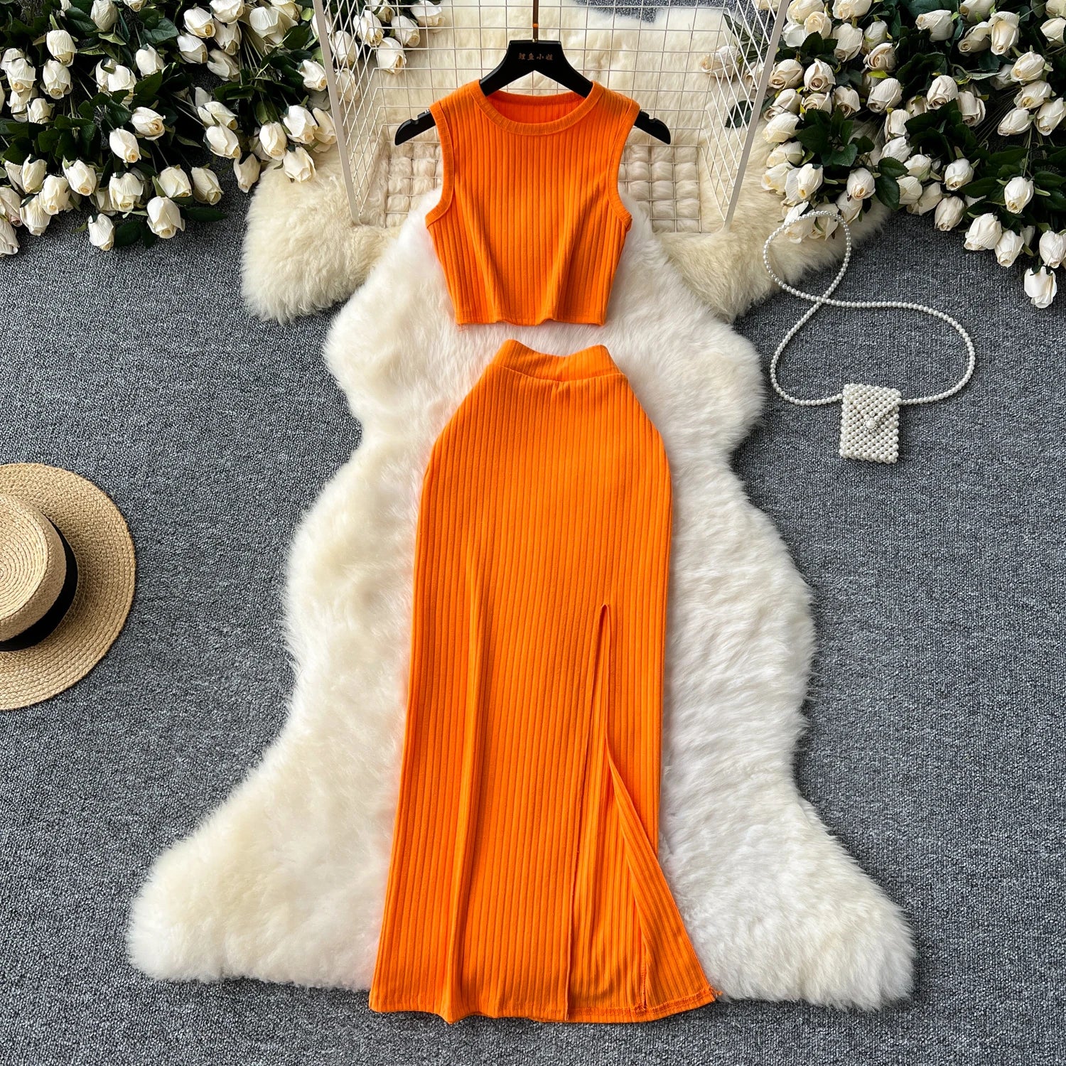 Summer Orange Ribbed Two-piece Maxi Set on Luulla