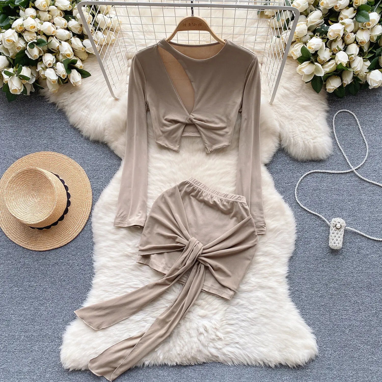 Womens Beige Two-piece Cutout Knotted Set on Luulla
