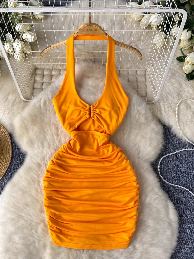 Vibrant Halter Neck Ruched Bodycon Mini Dress on Luulla