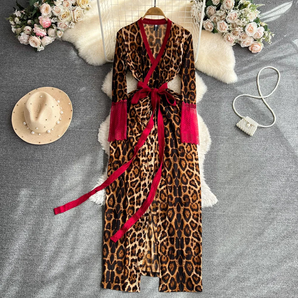 Leopard Print Long Robe With Red Trim on Luulla