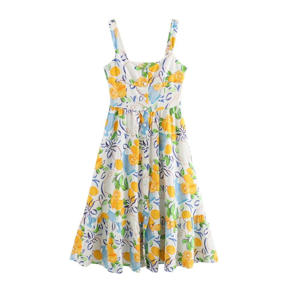 Floral Sundress With Lemon Print And Straps on Luulla