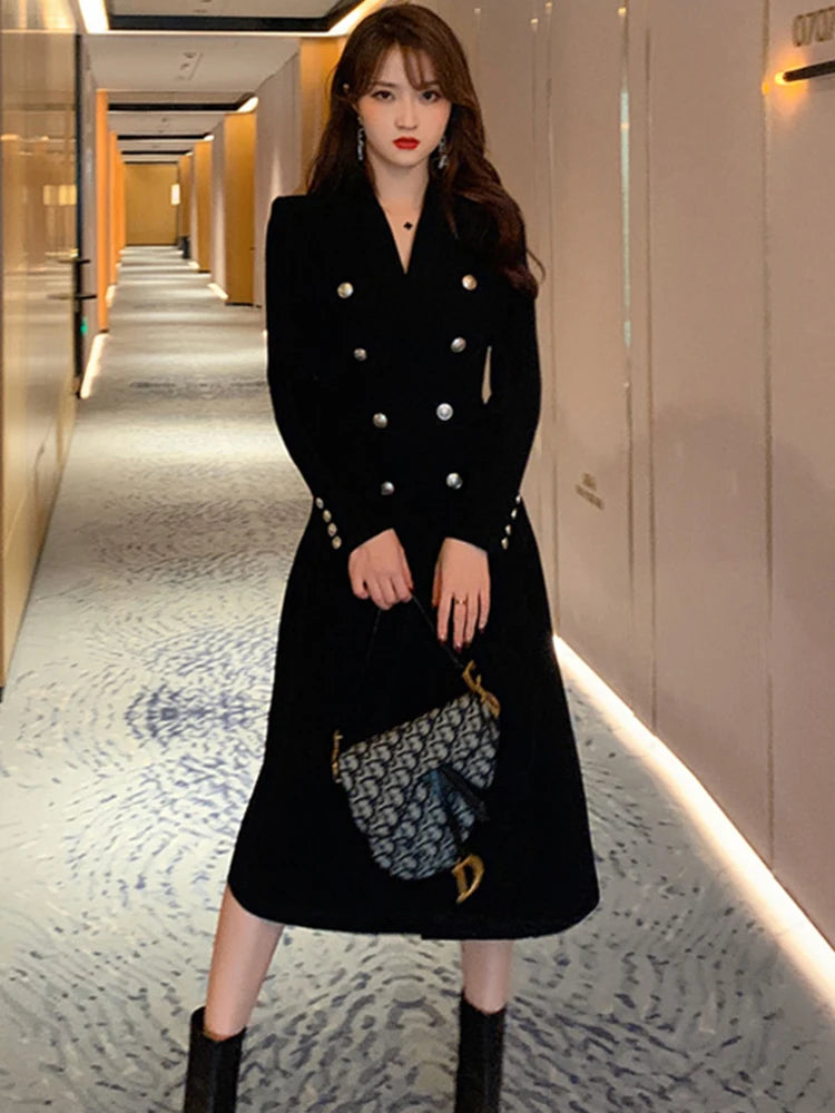 Sleek Double-breasted Black Coat With Buttons on Luulla