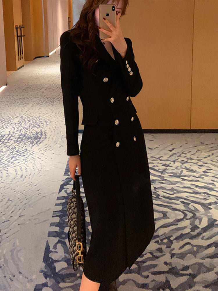 Sleek Double-breasted Black Coat With Buttons on Luulla