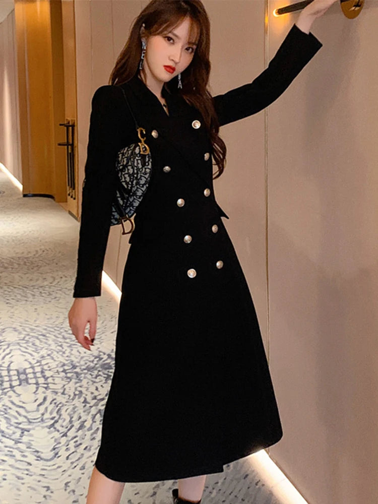 Sleek Double-breasted Black Coat With Buttons on Luulla