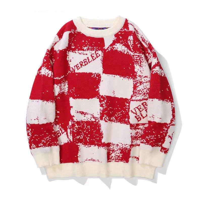 Red And White Checkered Pattern Knit Sweater on Luulla