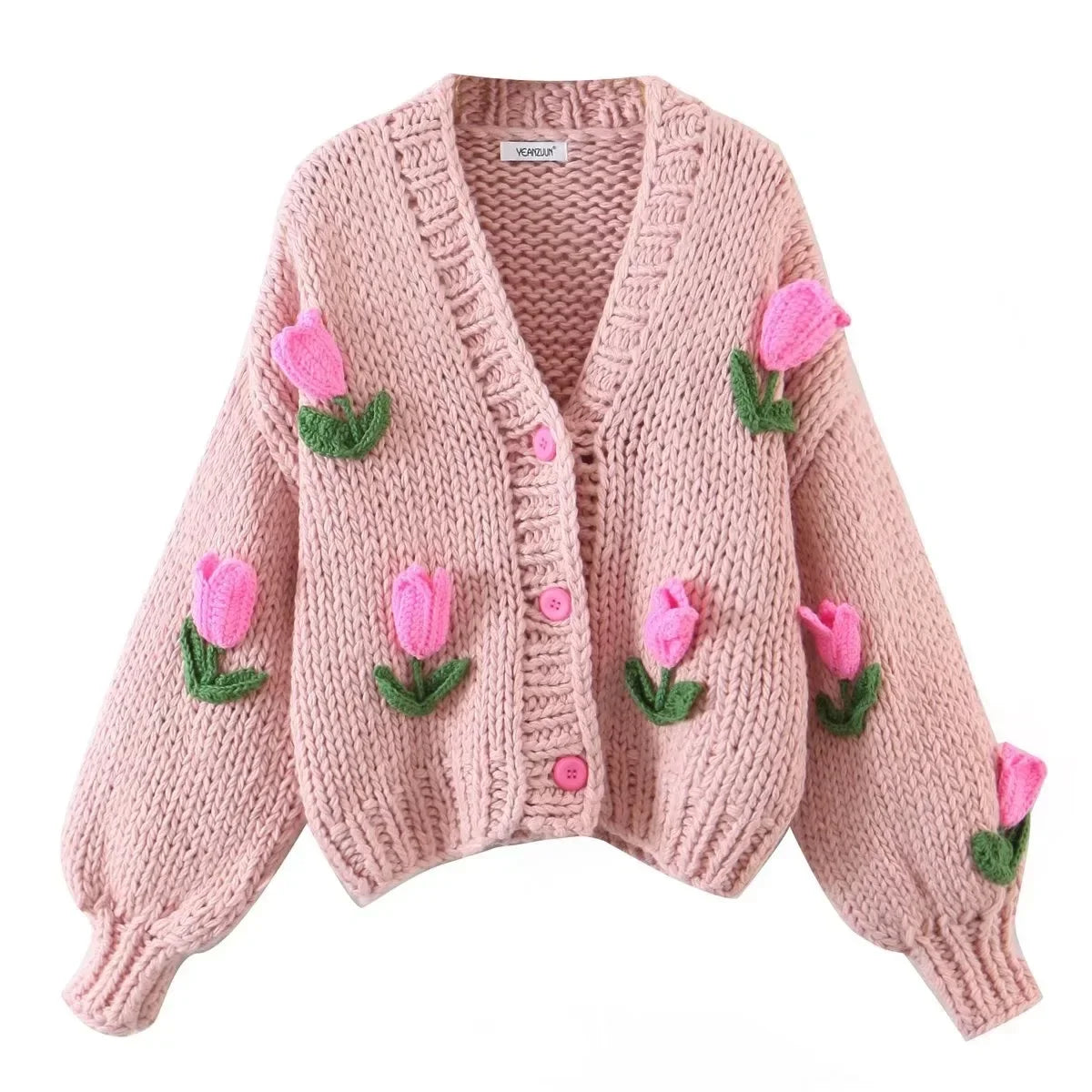 Cozy Pink Knit Cardigan With Floral Design on Luulla
