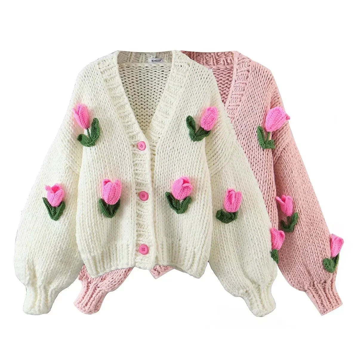 Cozy Pink Knit Cardigan With Floral Design on Luulla