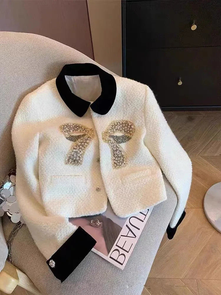 Chic White Jacket With Black Collar Design on Luulla