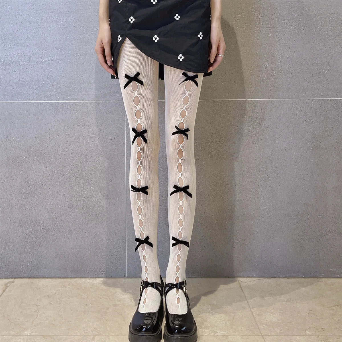 Sheer White Tights With Black Bow Accents on Luulla