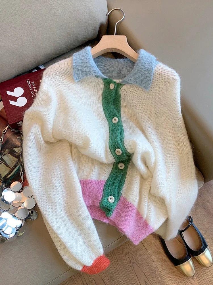 Cozy Colorblock Knit Cardigan With Button Detail on Luulla