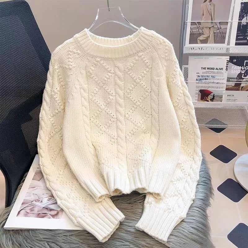 Cozy Cable Knit Cream Sweater For Women on Luulla