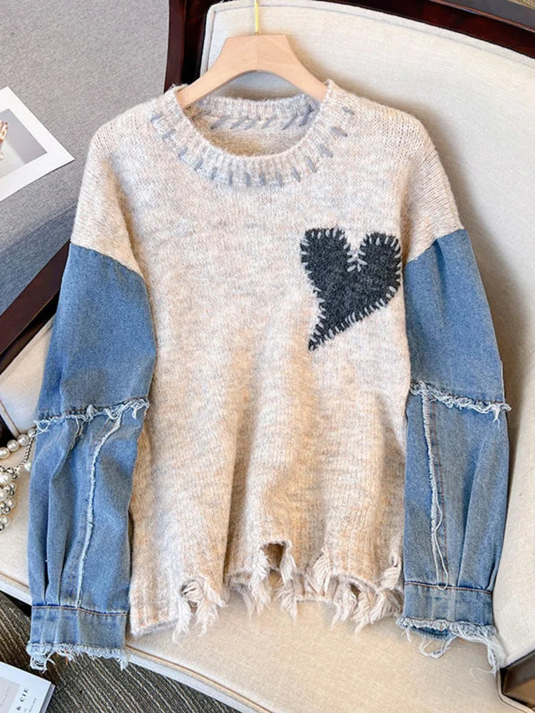 Cozy Heart Patchwork Sweater With Denim Sleeves on Luulla