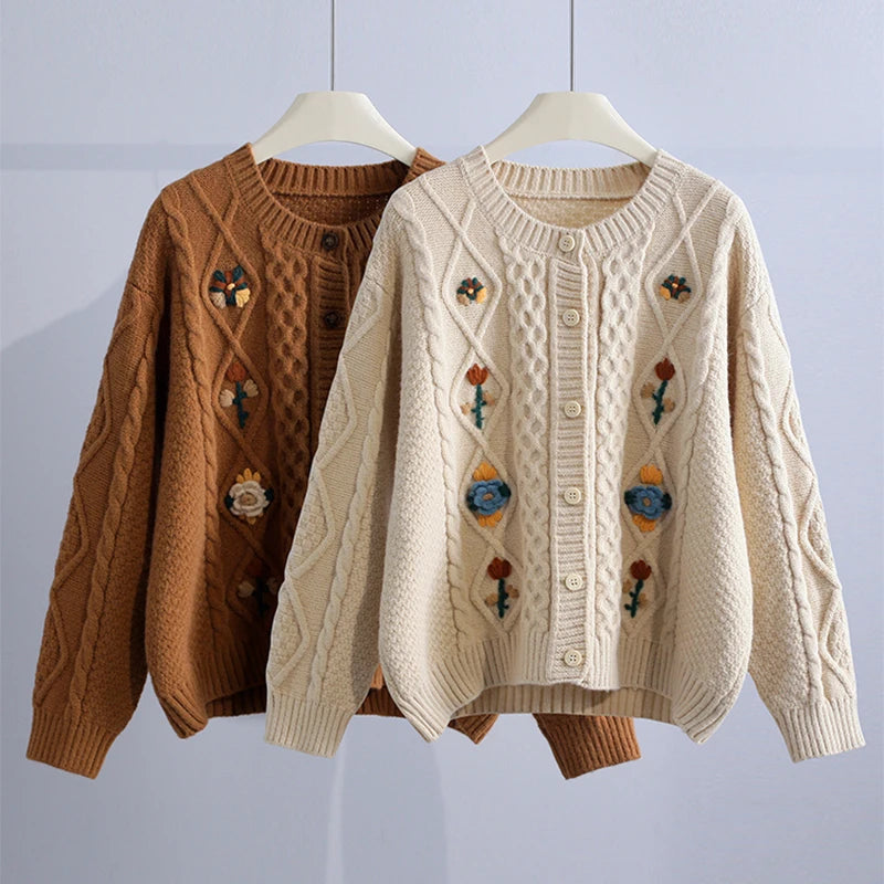 Cozy Knit Cardigans With Floral Embroidery Design on Luulla