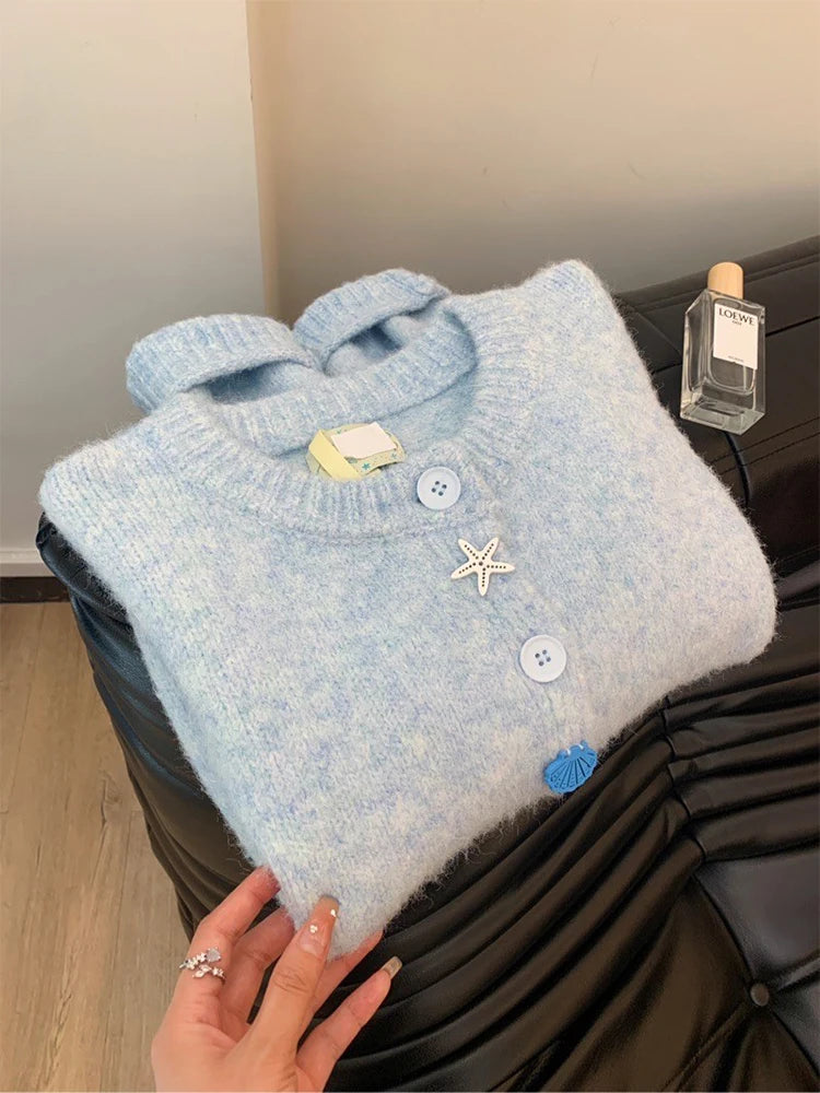 Soft Blue Button-up Cardigan With Star Design on Luulla